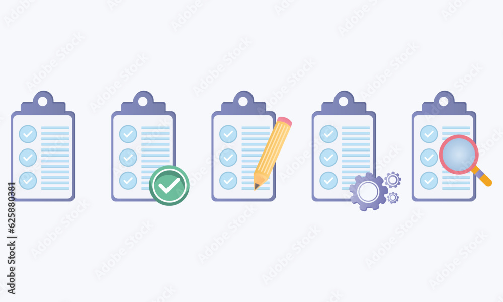 Clipboard icon. Checklist with gear, checkmarks, magnifier and pencil ...