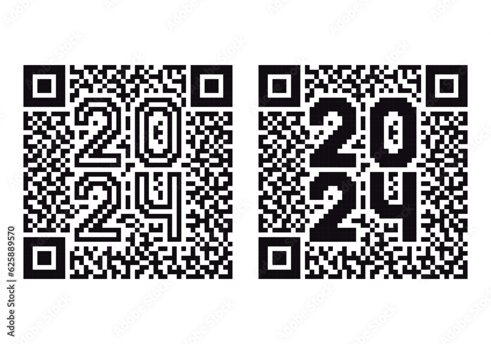 Happy New Year 2024 QR code icon isolated in white background. Universal pixelated qr code ...