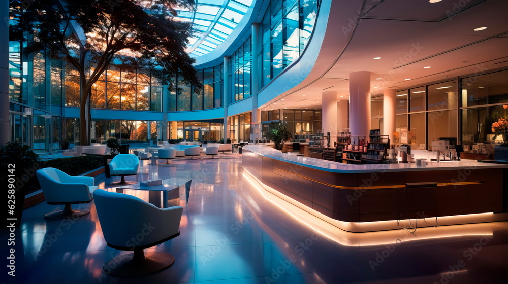 Detailed interior shots of a modern hospital lobby, showcasing the ...