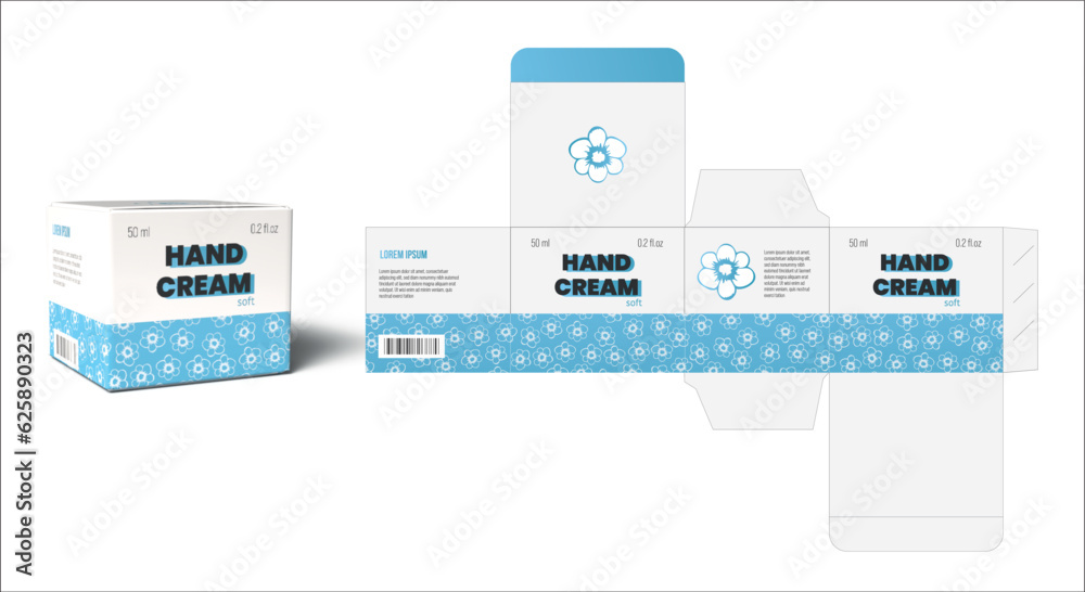 Design of hand cream package. Blue flower flavor small cardboard die ...