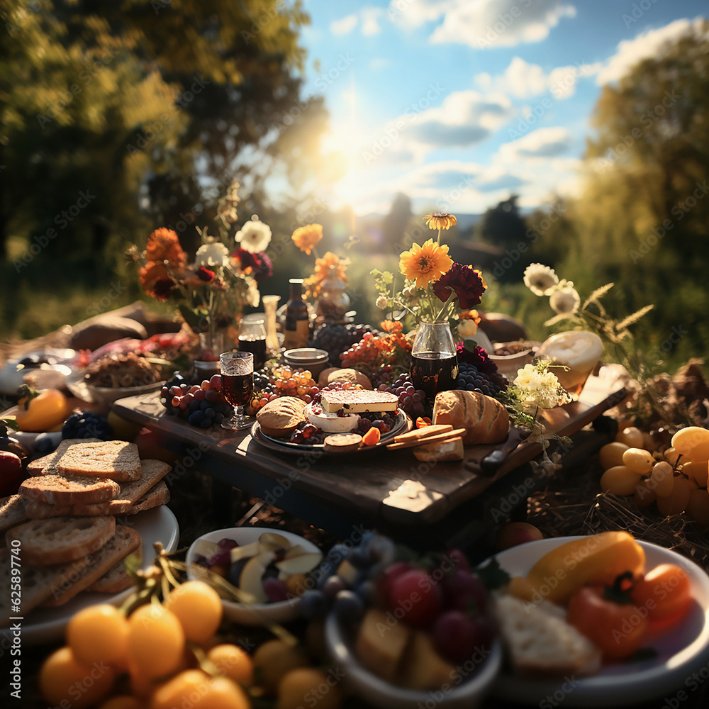 Summer outdoor picnic with various snack food: cheese, fruits, buns ...