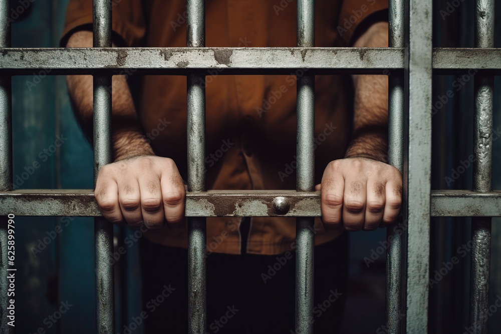Moody close-up of the hands of a white Caucasian convict incarcerated ...