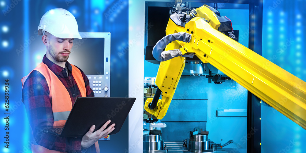 Foto de Man engineer. Robotic arm manipulator. Industrial equipment. Engineer with laptop. Man ...