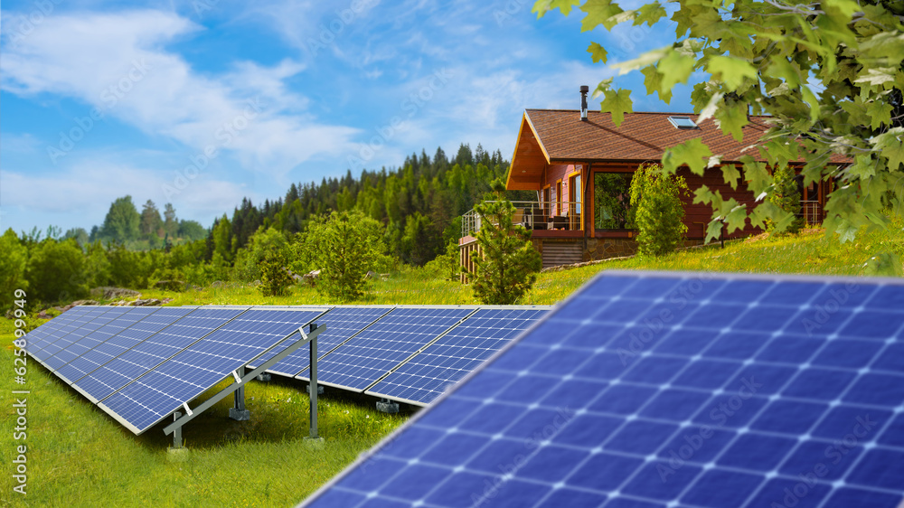 Solar panels. Lawn with photovoltaic generators. House with power ...