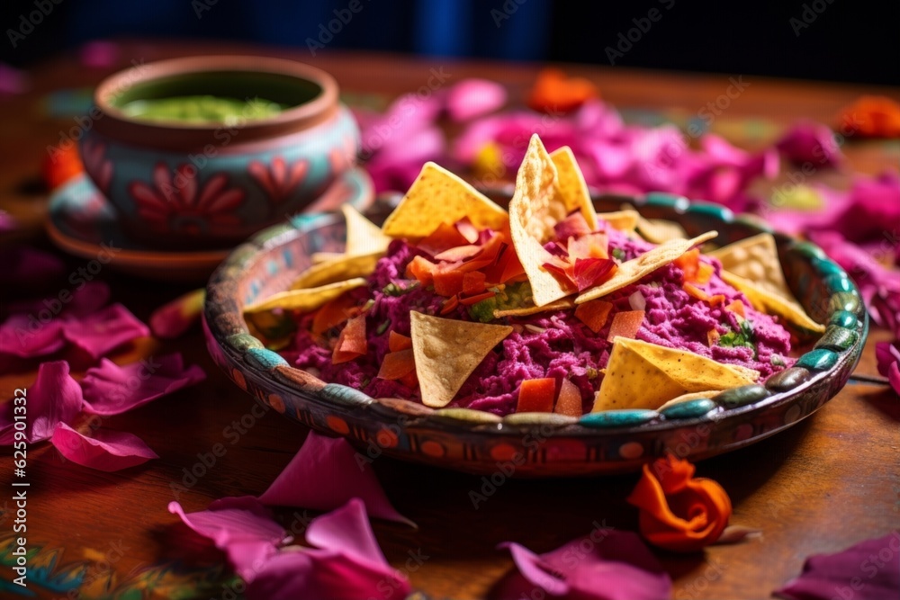 Pastel Azteca alongside guacamole and salsa roja, tortilla chips ...