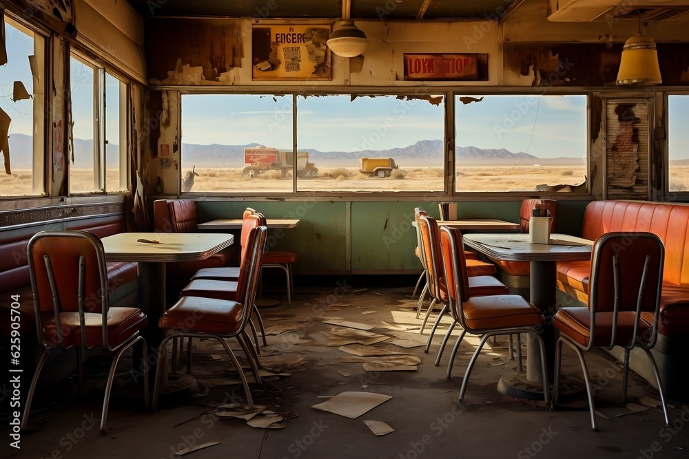 Foto de Inside Old Abandoned Restaurant at Route 66 Generative AI do Stock | Adobe Stock