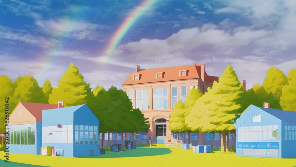 school building and sky with rainbow for back to school theme. Cartoon ...
