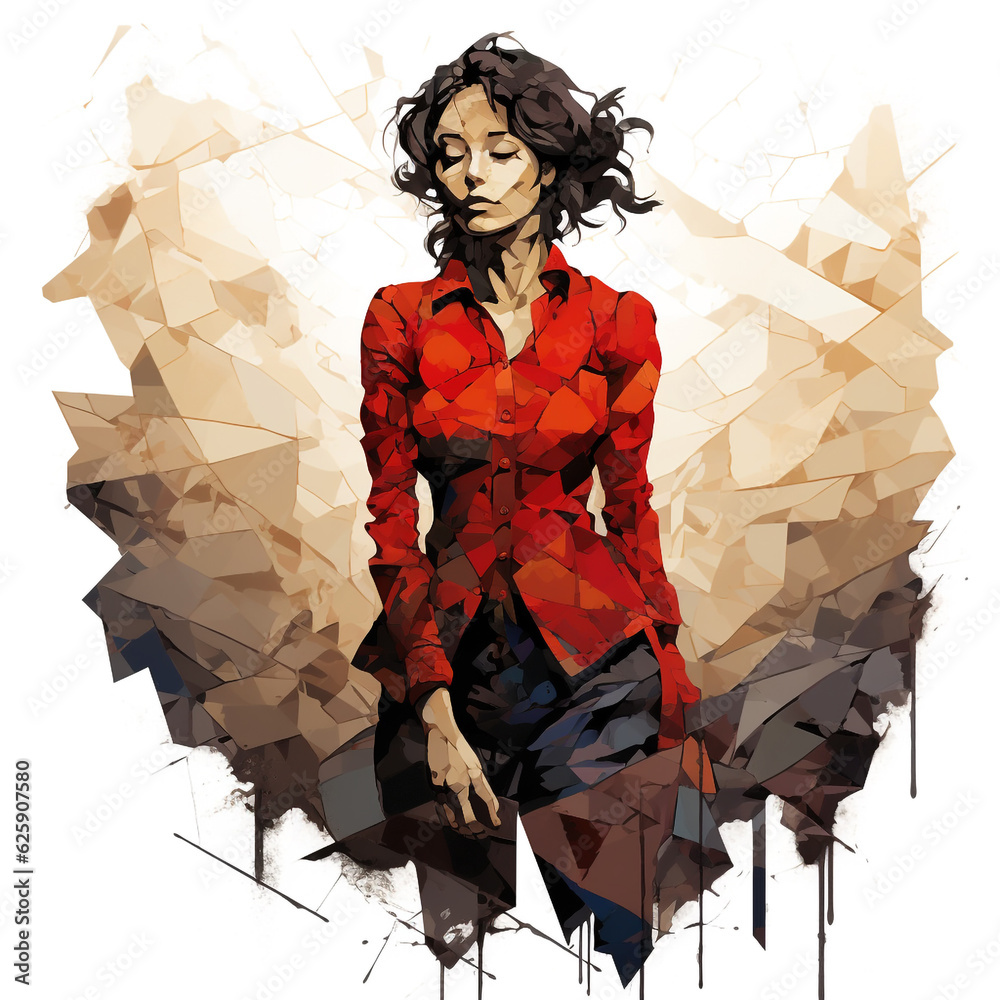 Shape illustration of alone young woman in red, dignified pose ...
