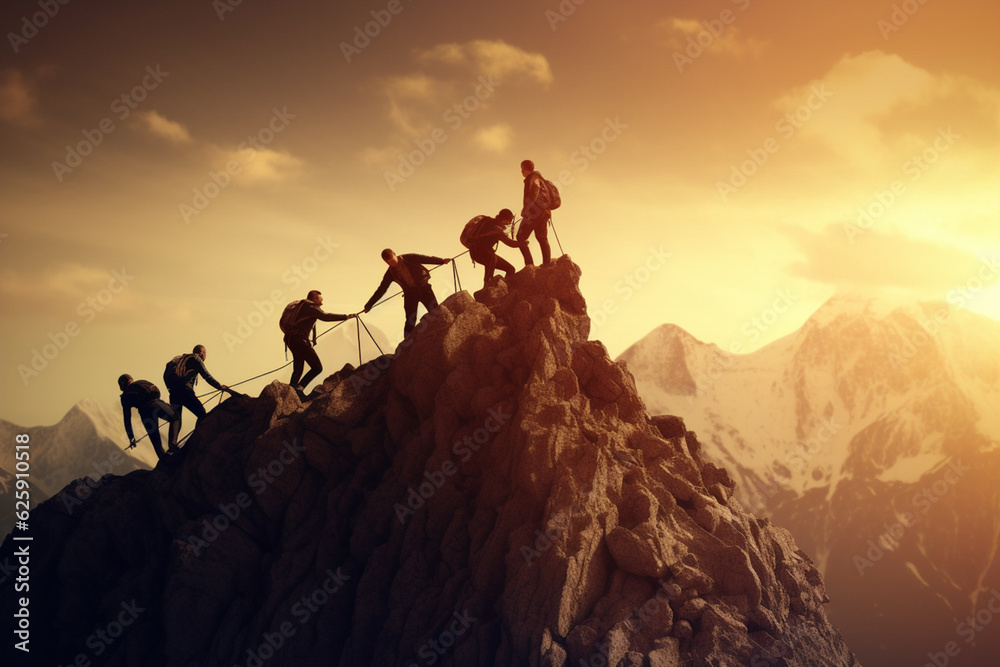 The silhouette Team work climbing and helping to top of mountain under ...