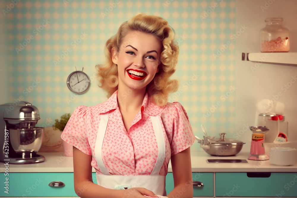 Happy retro stereotypical housewife woman on pastel background Stock ...