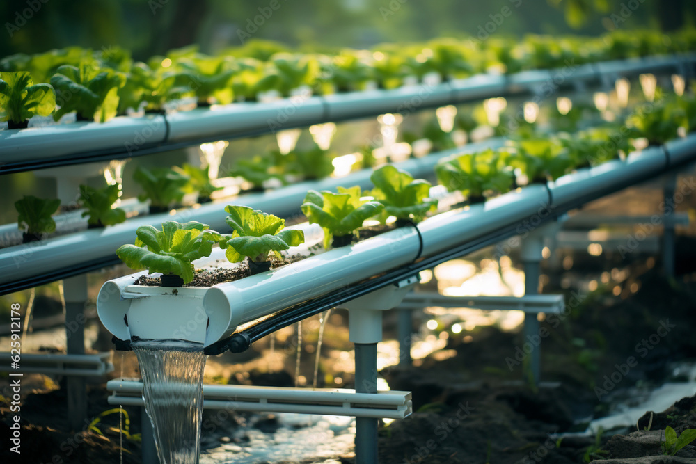 a hydroponic system in operation, with nutrient-rich water flowing ...