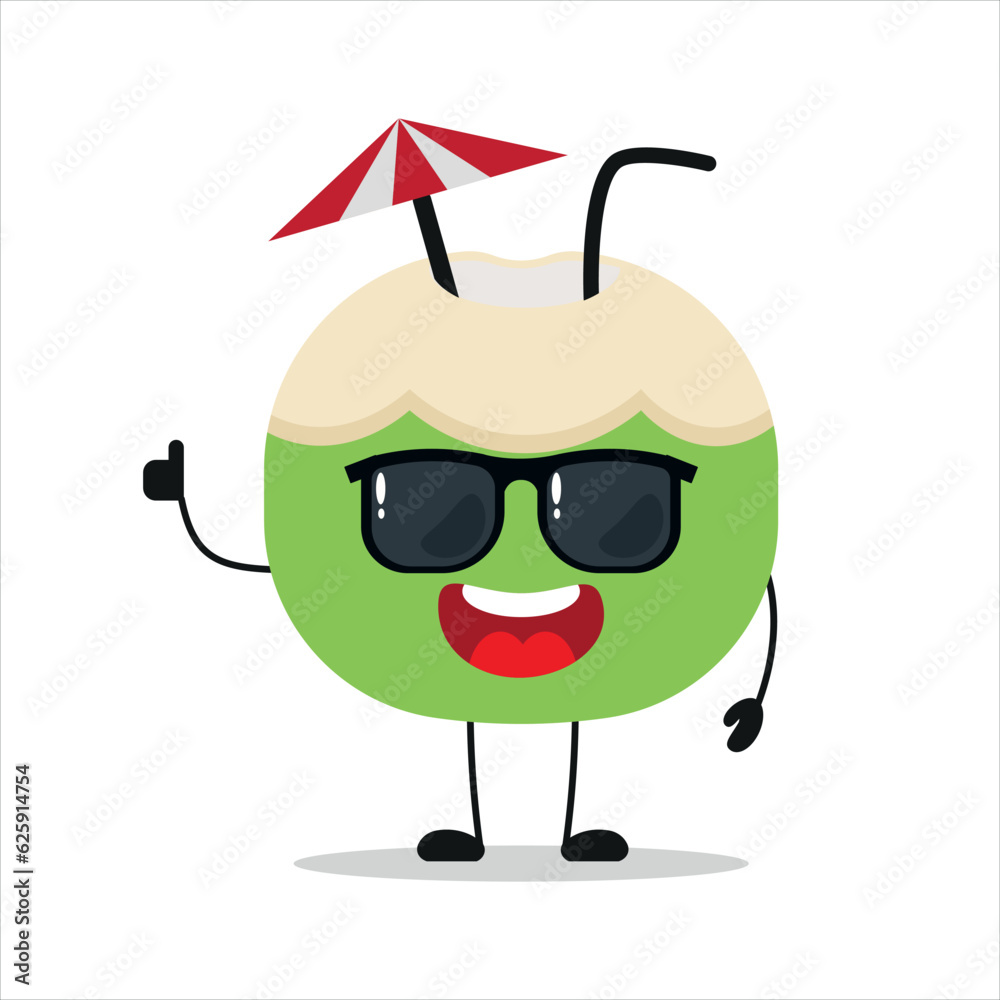 Cute happy slice coconut character wear sunglasses. Funny coconut greet ...