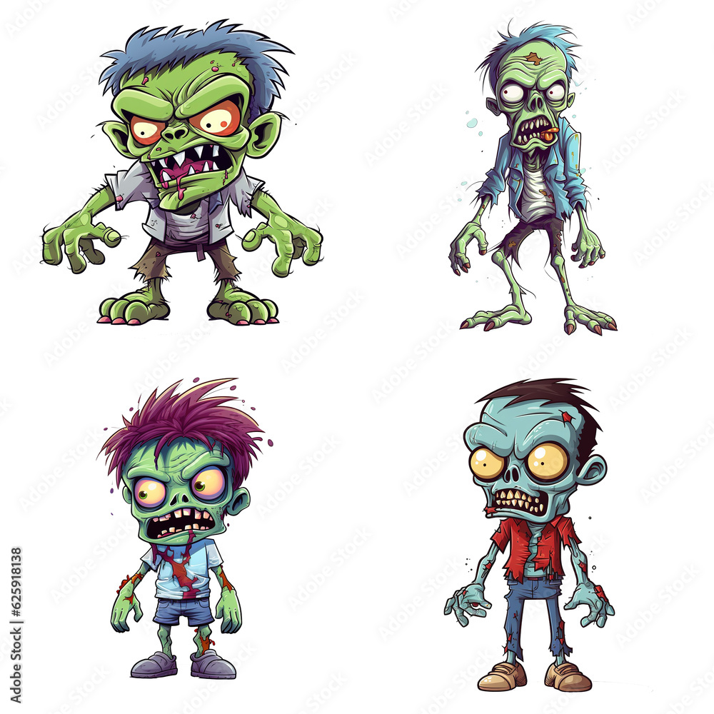 Set of 4 zombie cartoon character illustration isolated on transparent ...