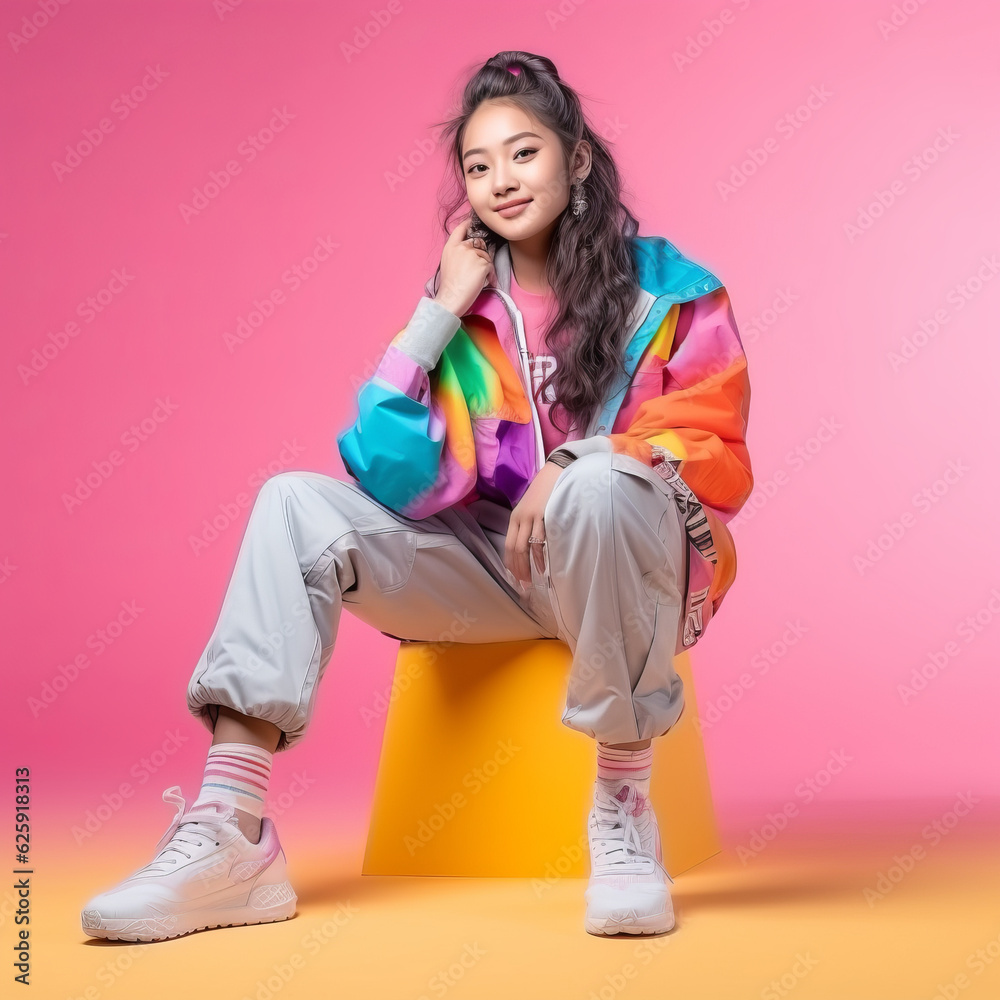 Gen-z beautiful asian fashionable female, wearing neon stylish clothes ...