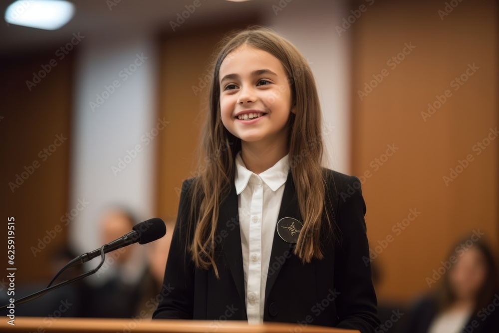 Portrait of a little girl at the podium in the conference hall Stock ...