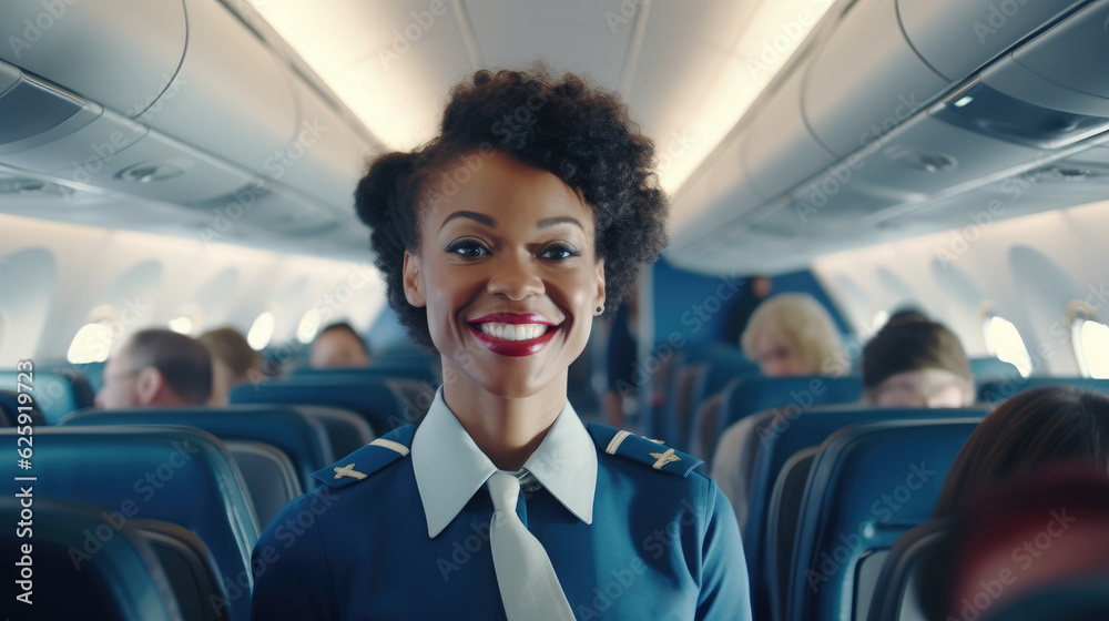 Foto de Smiling female flight attendant in blue uniform in aircraft ...
