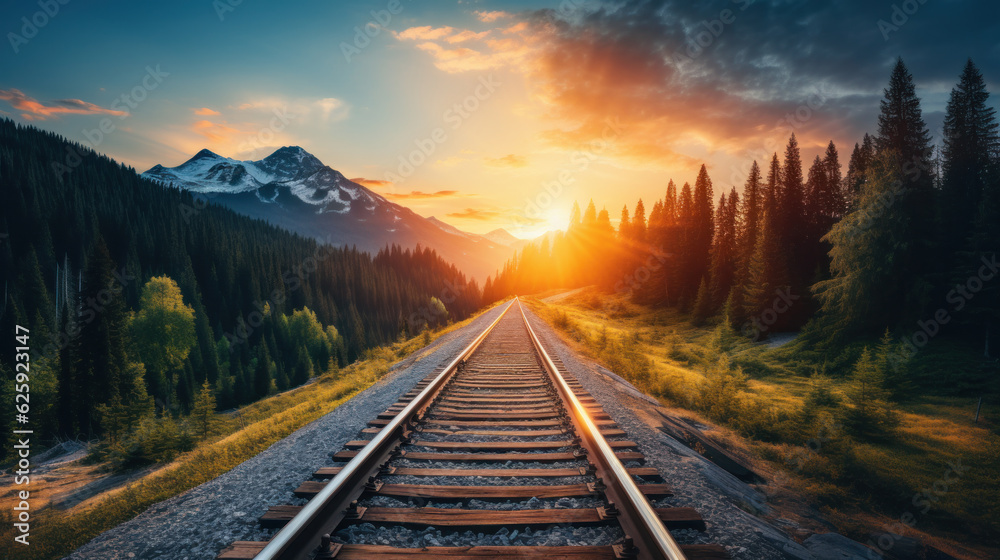 train railway tracks on nature landscape with mountains Stock Photo ...