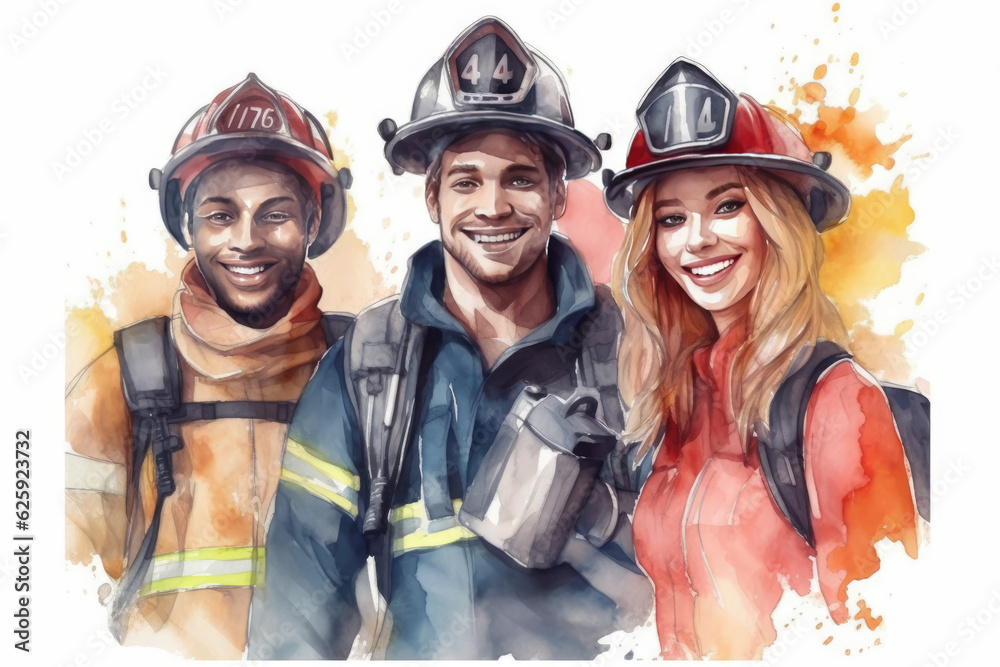 happy firefighter man and woman in watercolor art, labor day banner ...