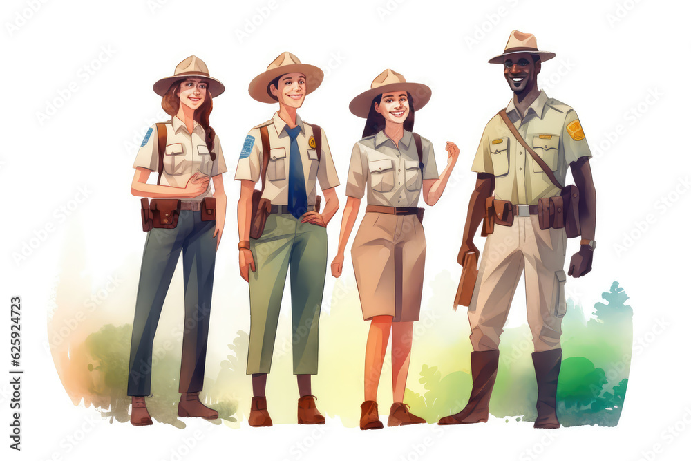 happy park ranger man and woman in watercolor art, labor day banner ...