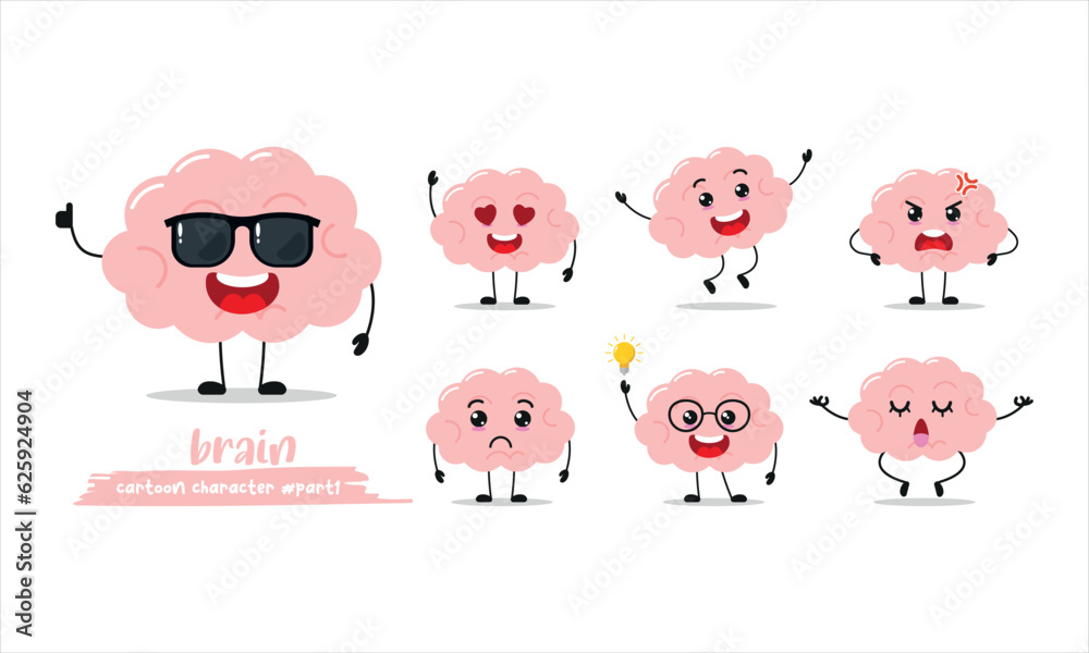 cute brain cartoon with many expressions. different activity pose ...