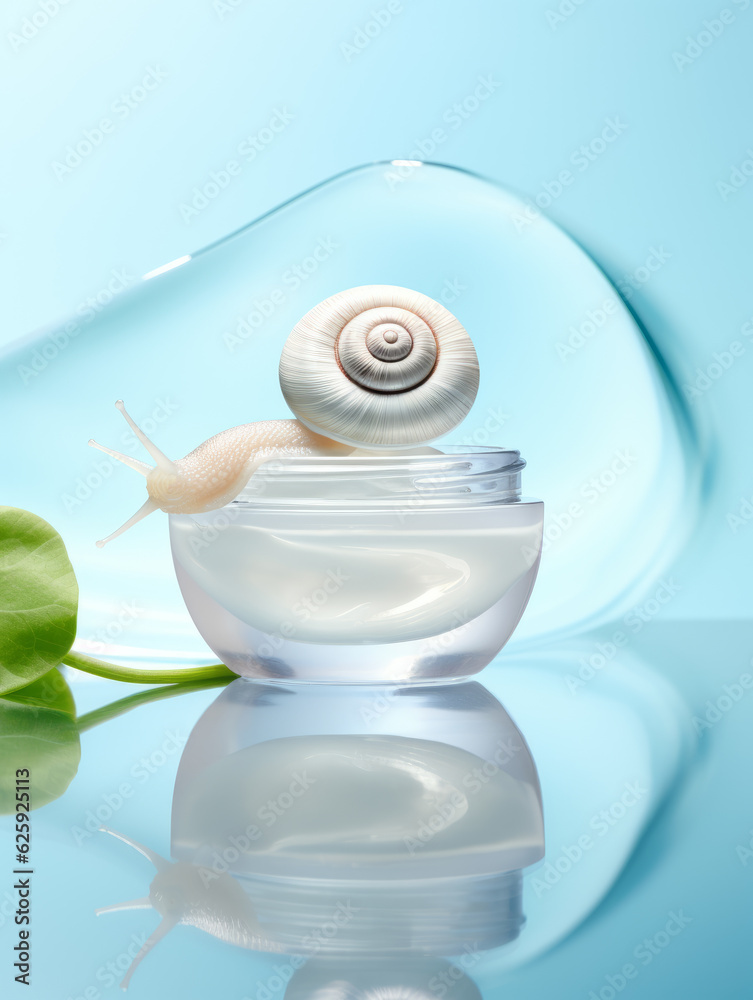 Snail on the jar of skin cream on water background. Beauty skin care ...