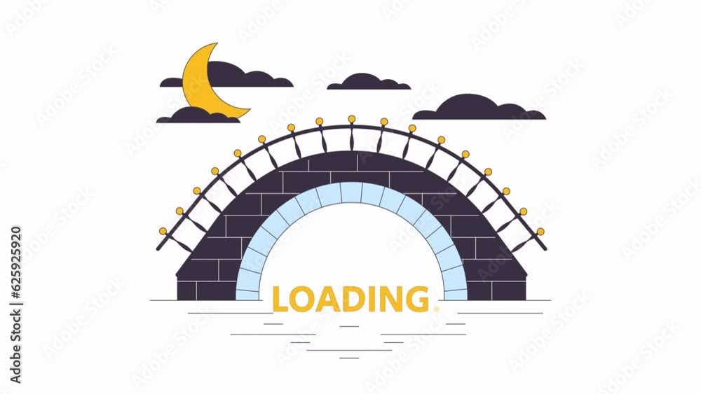 Stone bridge over river in moonlight line 2D loading animation. Stone ...