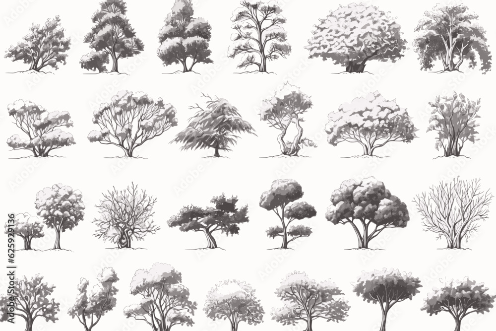 set of trees, tree, silhouette, vector, nature, leaf, forest, black ...