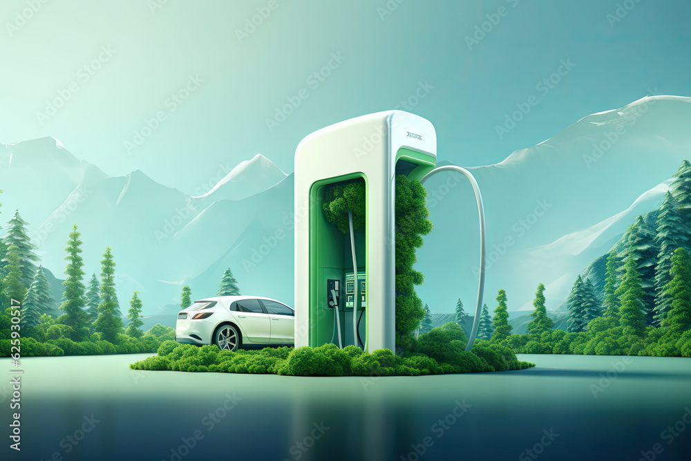 Photo & Art Print Ev charging station, green energy power, ev car, waranyu