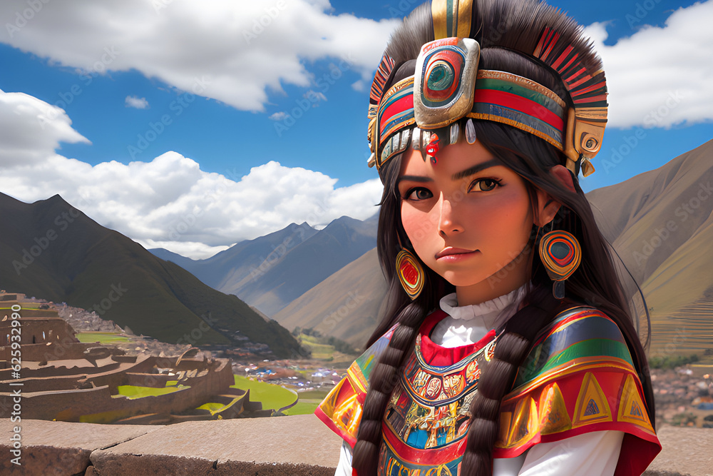 Pretty girl in traditional clothes at Inca ruins. Generative AI Stock ...