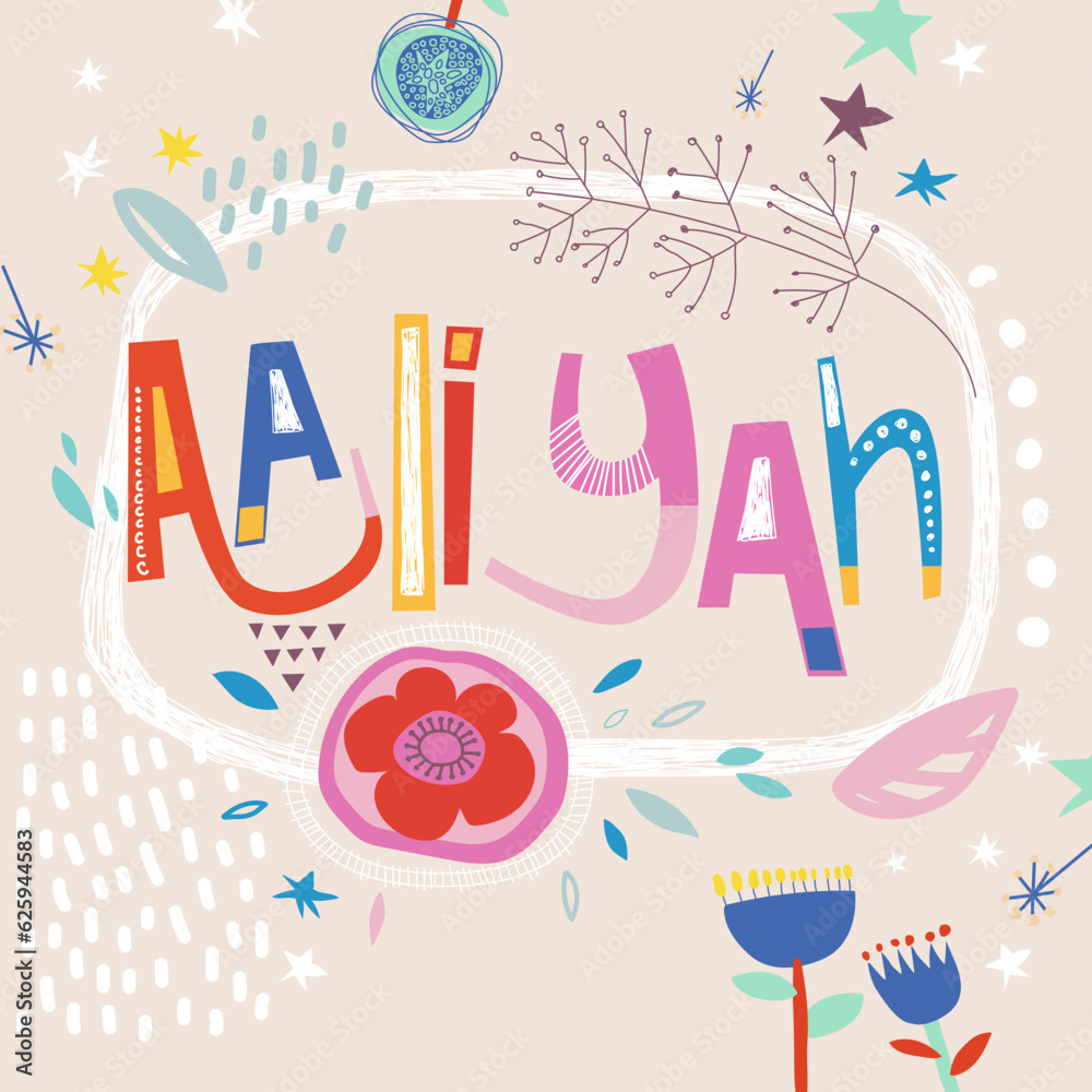 Bright card with beautiful name Aaliyah in flowers, petals and simple ...