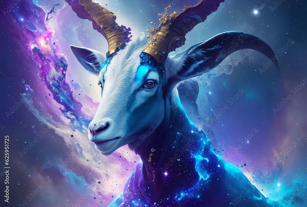 Illustration of a Goat in Space Nebula with Glowing Background ...