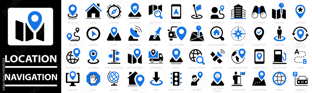 Location icon set. Navigation icons. GPS elements. Map, map pin, gps ...