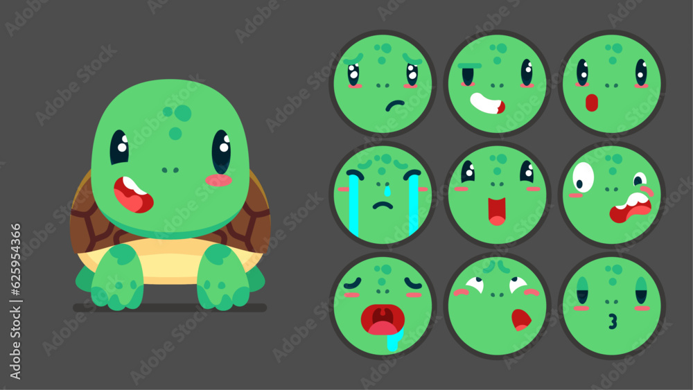 Cute turtle, set of animal emotions, tiny turtle with emoji collocation ...