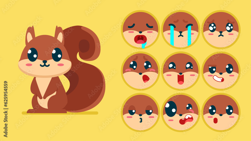 Cute squirrel, set of animal emotions, tiny squirrel with emoji ...