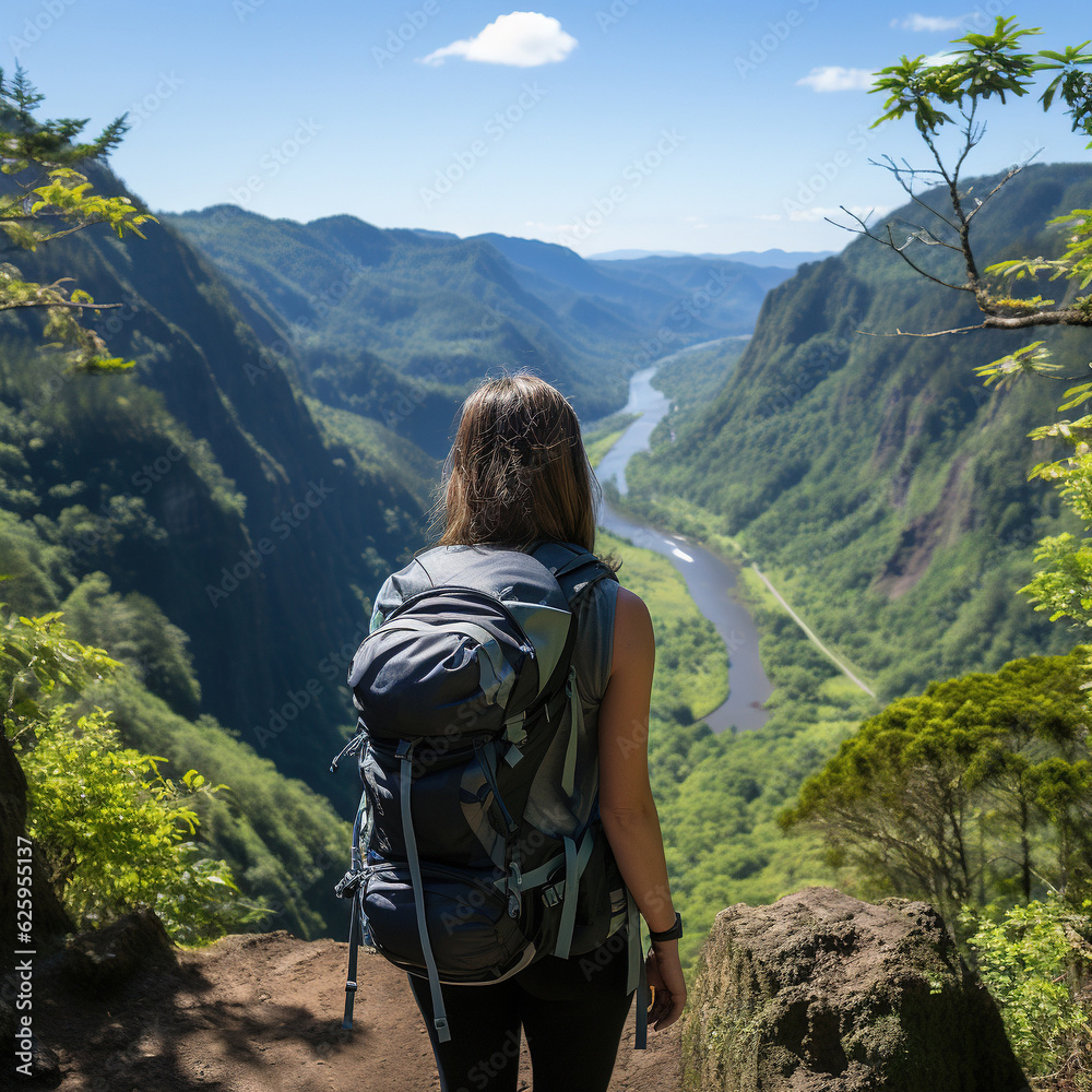 Backpacker with a nice nature view scenery. Created with generative AI ...