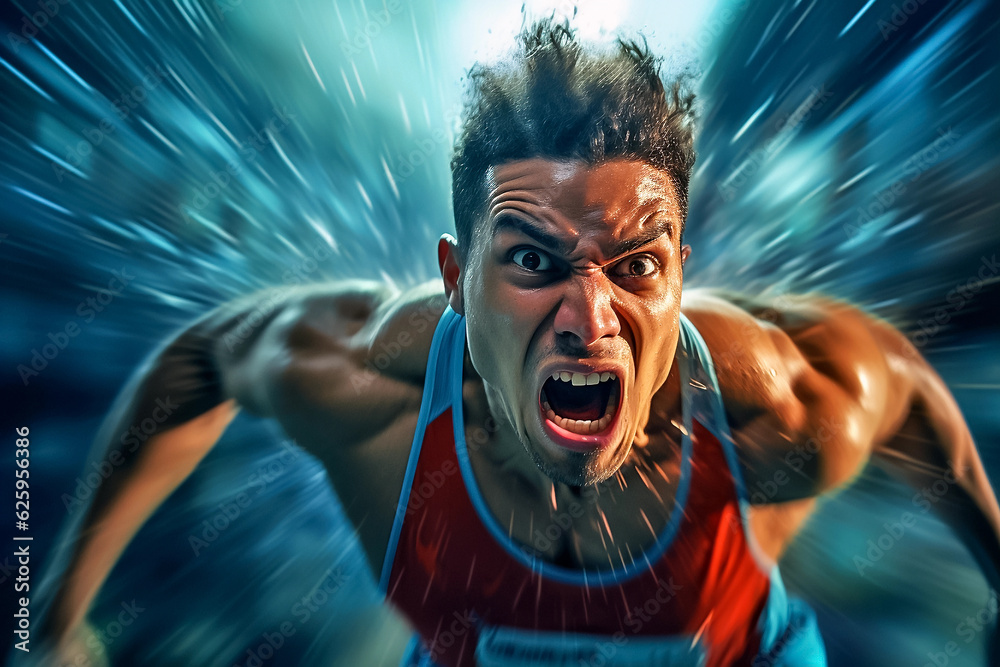 Close-up photo with face of furious athlete man running. Stop motion ...