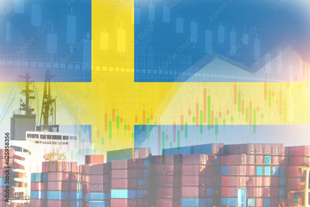 Sweden flag with containers in ship. trade graph concept illustrate ...
