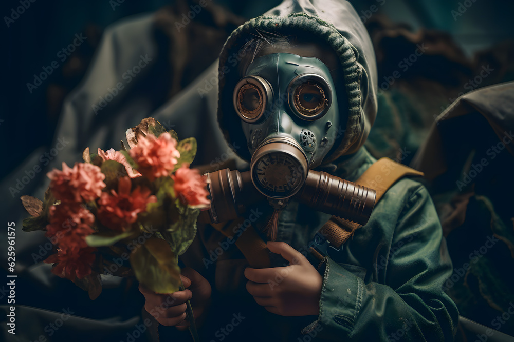 Child in a gas mask in a field with flowers, depressing atmosphere ...