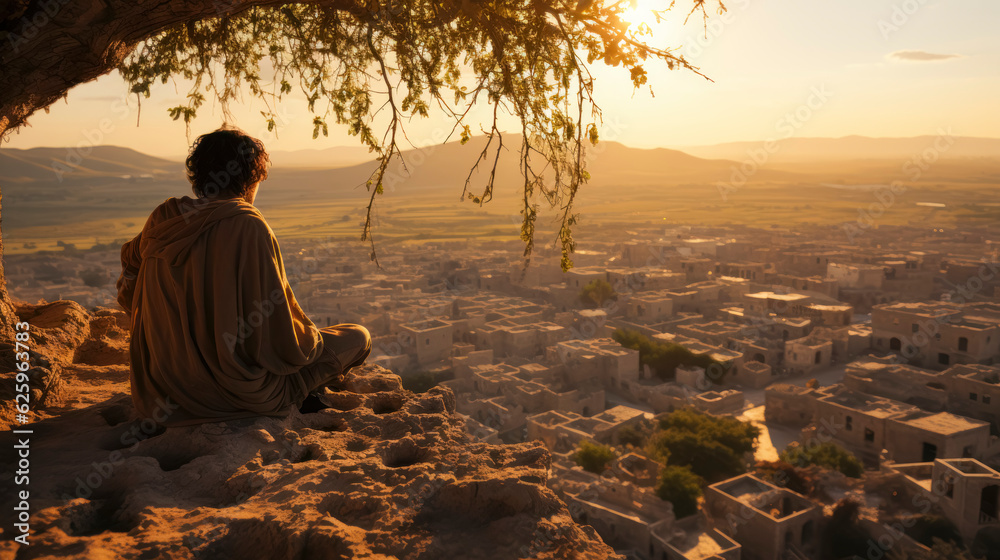 Portrait of Jonah waiting to see whether or not the city of Nineveh ...