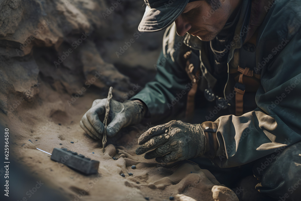 Bones remains of an ancient dinosaur skeleton, the archaeologist works ...