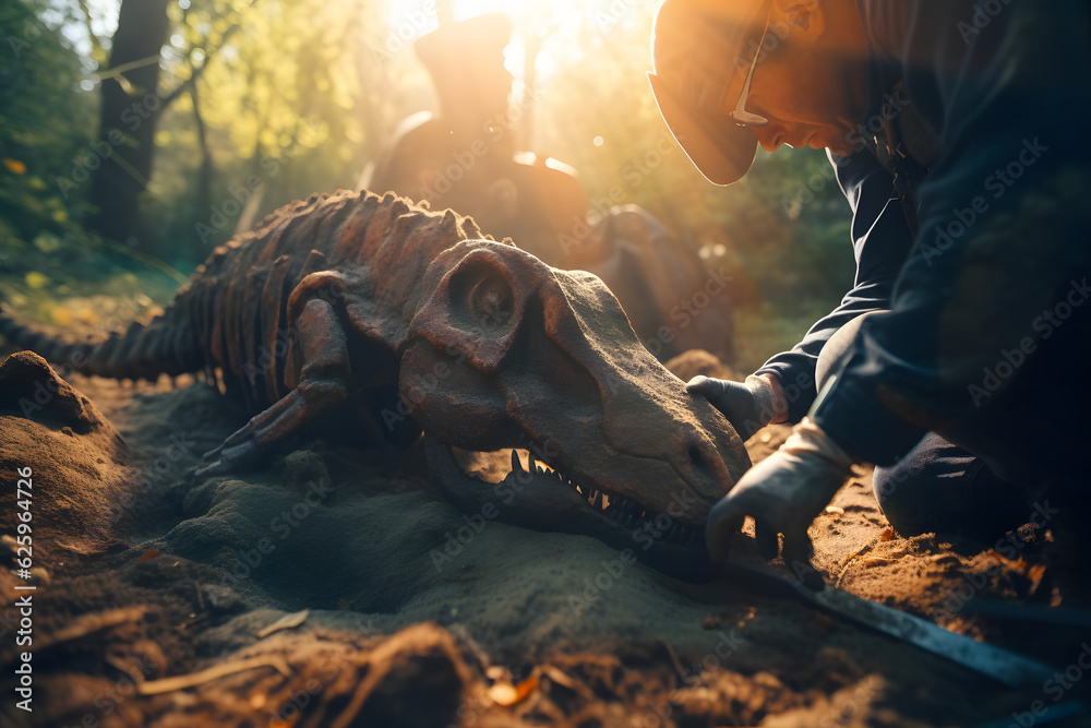 Bones remains of an ancient dinosaur skeleton, the archaeologist works ...