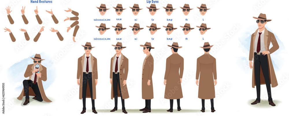 Set of male detective design. Character Model sheet. Front, side, back ...