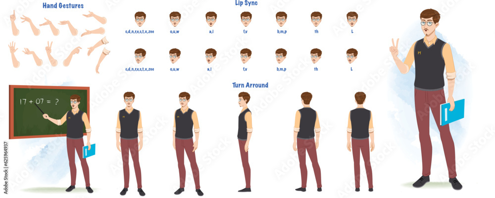 Set of male teacher design. Character Model sheet. Front, side, back ...