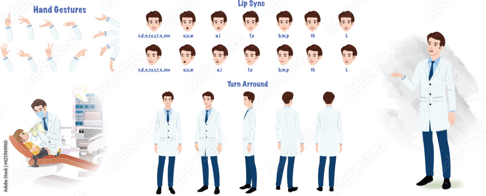 Set of dentist character design. Character Model sheet. Front, side ...