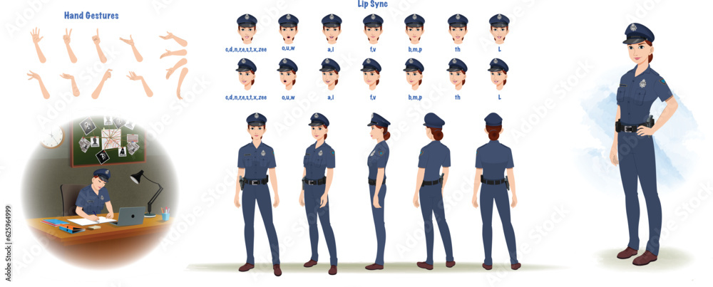 Set of police, cop design. Character Model sheet. Front, side, back ...
