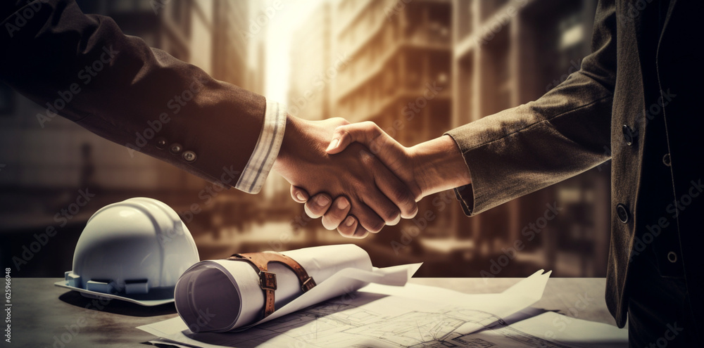 Two people shaking hands in front of civil engineering project plan and ...
