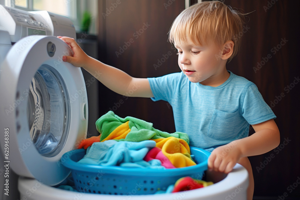 Cute little boy loading colored laundry from a basket into a close up ...