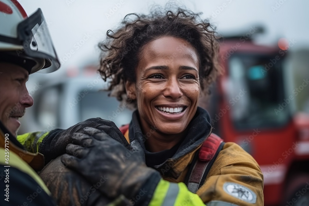 Portrait of firefighter woman standing with colleague in fire fighting ...