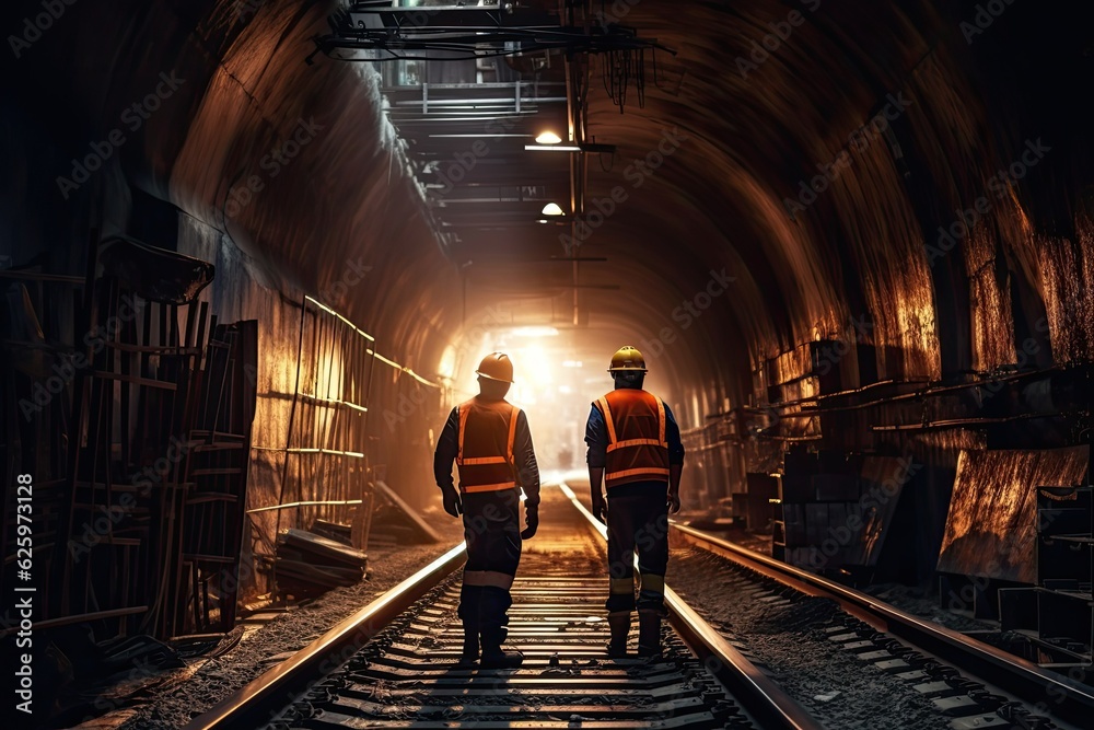 A Team of Workers wearing safety gear work underground together in the ...
