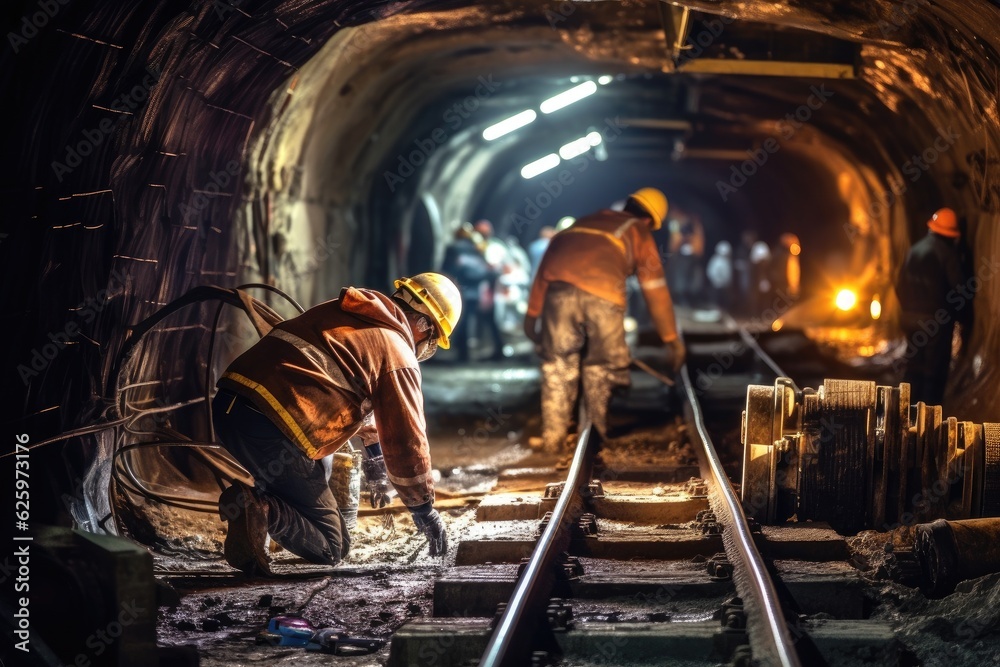 A Team of Workers wearing safety gear work underground together in the ...